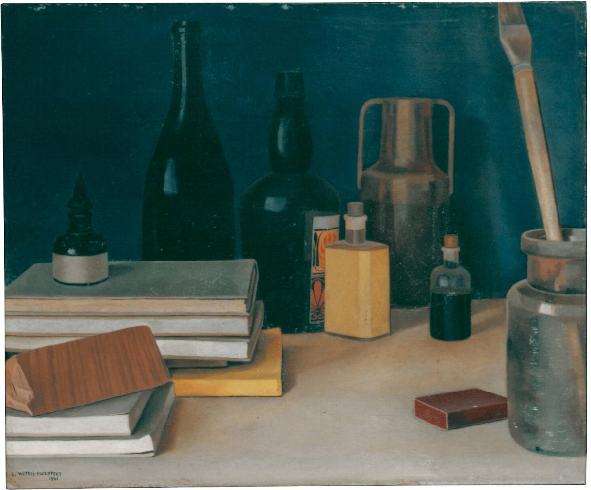 Stilleben med flaskor och böcker – Alla konstverk – Moderna Museet